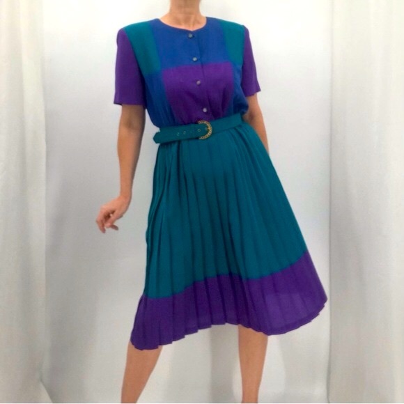 Vintage | Dresses | Vintage 8s Colorblock Patchwork Pleated Plisse ...